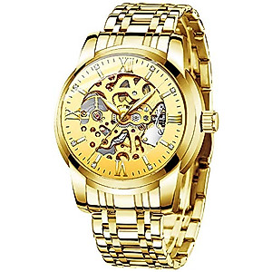 Mens Watches Gold Mechanical Automatic Self-Winding Stainless Steel Skeleton Luxury Waterproof Diamond Dial Wrist Watches for Men