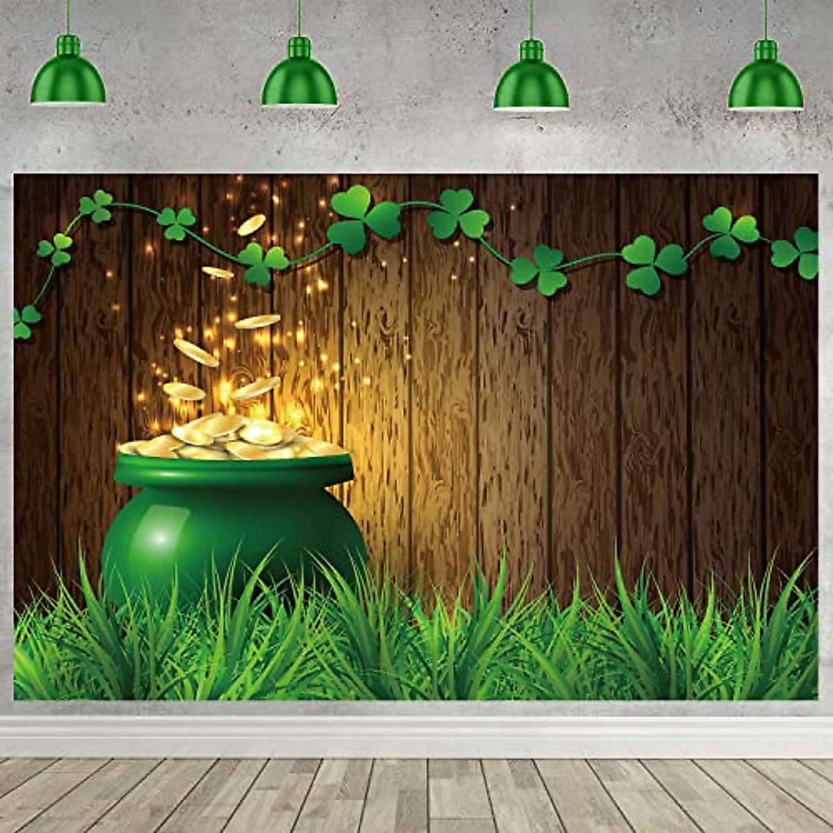 St.Patricks Day Backdrop Green Shamrock Gold Pot Lucky Irish Wooden Wall Photography Background Kids Adult Party Decoration Photo Booth Studio Props 8x6