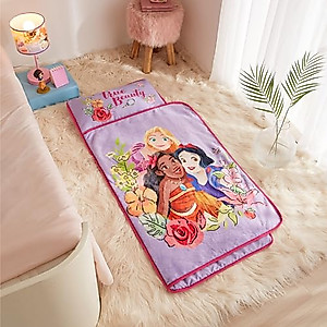 Disney Princess Super Soft Plush Toddler Quilted Nap Mat with Built in Blanket and Pillow, 20" Wx46 L