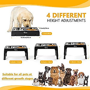 Toozey Elevated Dog Bowls 4 Adjustable Heights, Raised Dog Bowl for Large Medium Small Dogs and Pets, Dog Bowl Stand with 2 Stainless Steel Dog Food Bowls, 4 Heights-3.1", 8.6", 10.2", 11.8"(Black)