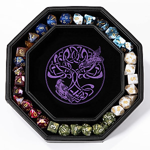 DND Dice Tray - Premium 8 Inch Tray Dungeons and Dragons - Exquisitely Detailed Purple World Tree & Triquetra Design - Perfect Rolling & Box Storage to Protect Your Dice for D&D and RPG