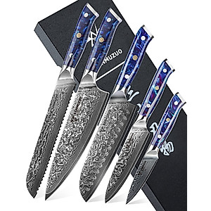 SANMUZUO Chef Cooking Knives Set- Kitchen Knife Set of 5 Piece - Ultra-Sharp VG10 Damascus Steel & Resin Handle - Xuan Series (Sapphire Blue)