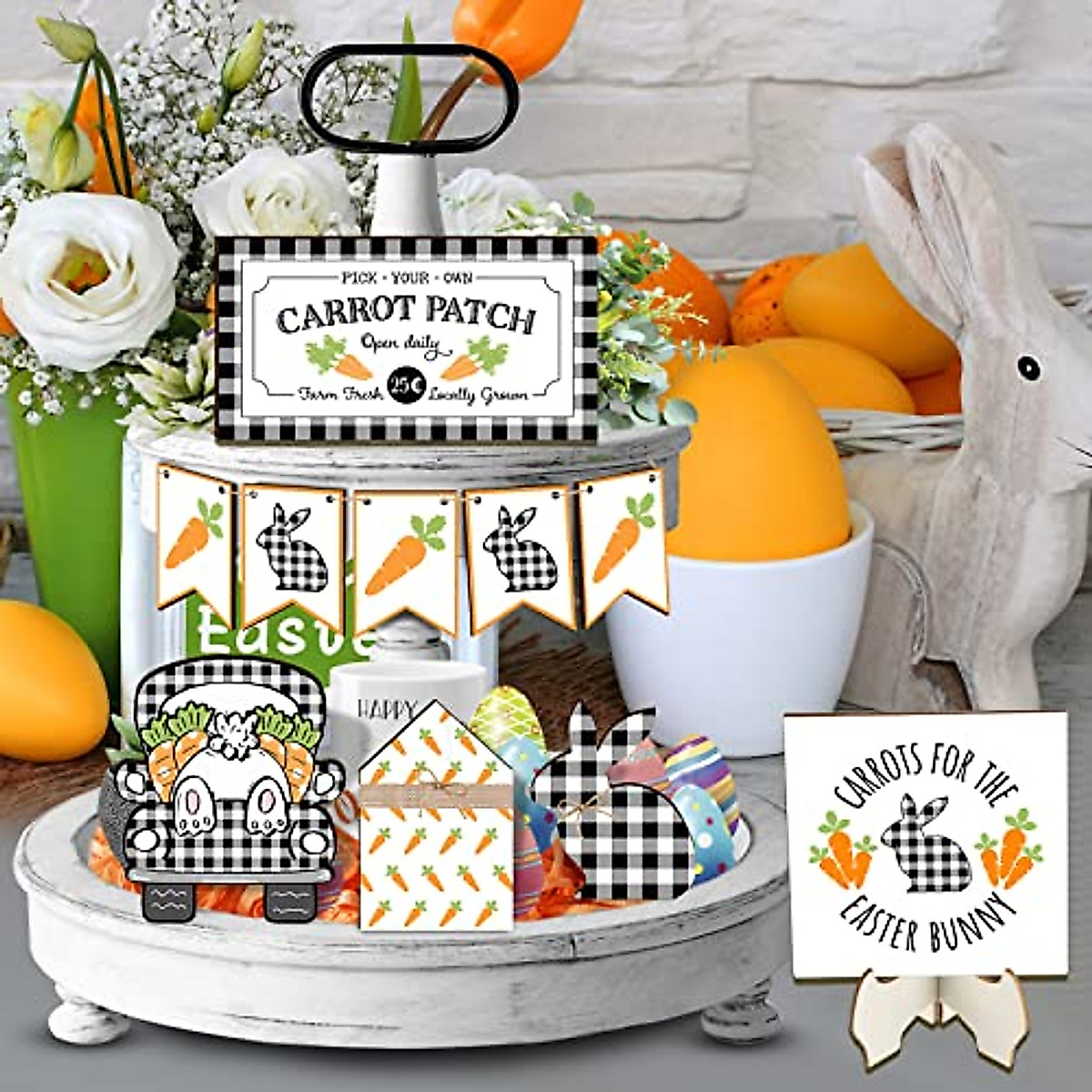 10 Pcs Easter Tiered Tray Decor- Carrot Bunny Wood Sign Decoration Rustic Farmhouse Easter Table Decor with 2 Pcs Small Stand for Home Kitchen Living Room, Dining Table, Easter Party Desk