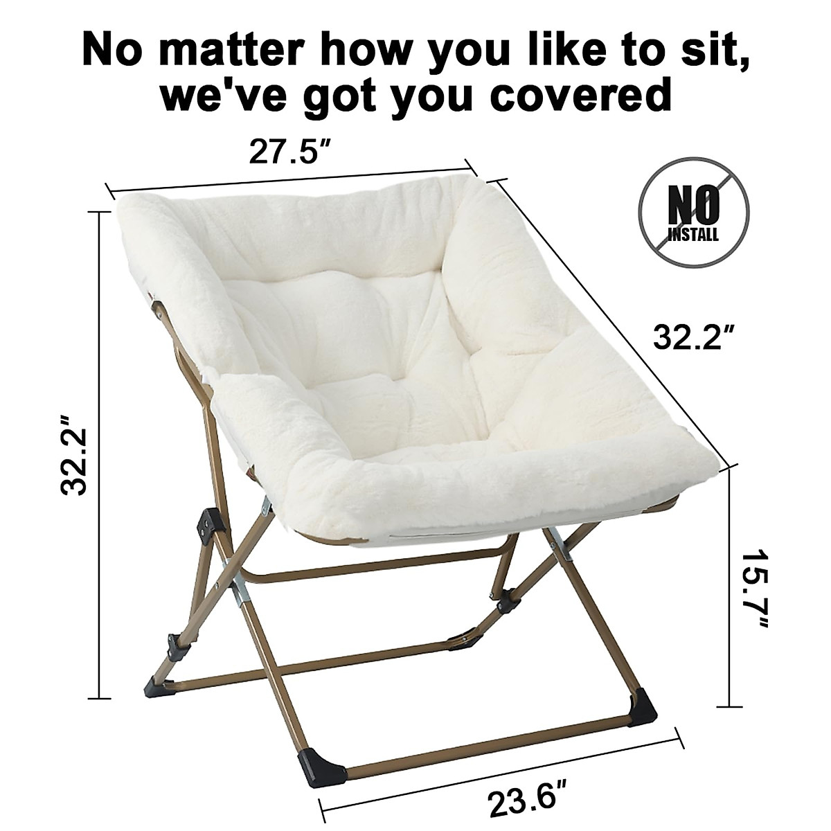 OAKHAM Comfy Saucer Chair for Adults, Soft Faux Fur Folding Lounge Chair for Bedroom Living Room Dorm Rooms Flexible Reading Chair for Teens Kids, X-Large Foldable Chair (Faux Fur-White)