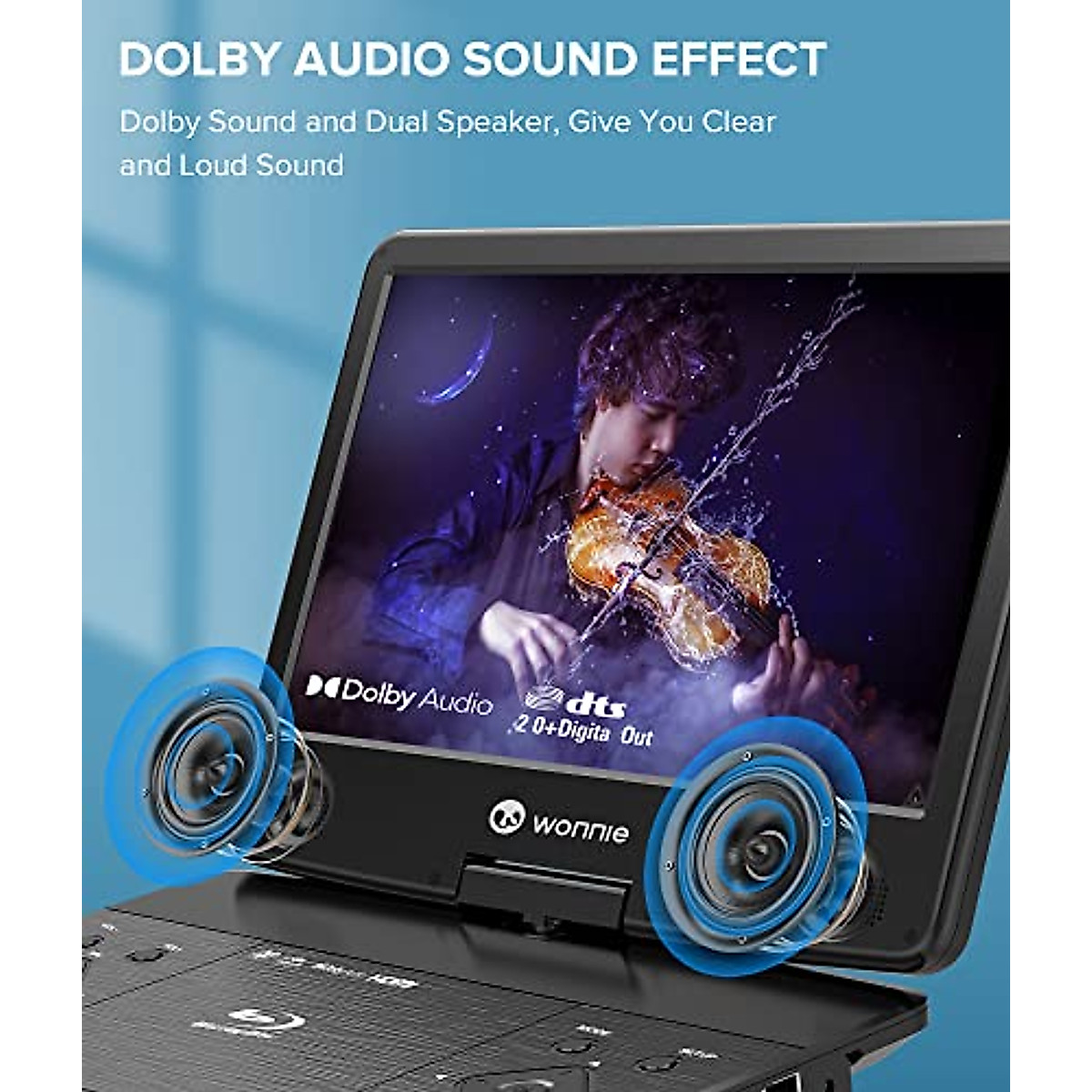 WONNIE 16.9" Portable Blu-Ray DVD Player with 14.1" 1080P Full HD Large Screen, Dolby Audio, 4 Hrs Rechargeable Battery, Support HDMI Out, AV in, USB/SD Card, Last Memory