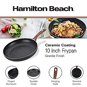 Hamilton Beach Fry Pan 10-Inch, Nonstick with Marble Coating, Wood like Soft Touch Handle, Non-Stick Granite Fry Pan Egg Pan Omelet Pans, Stone Cookware Chef's Pan, PFOA Free Induction Bottom
