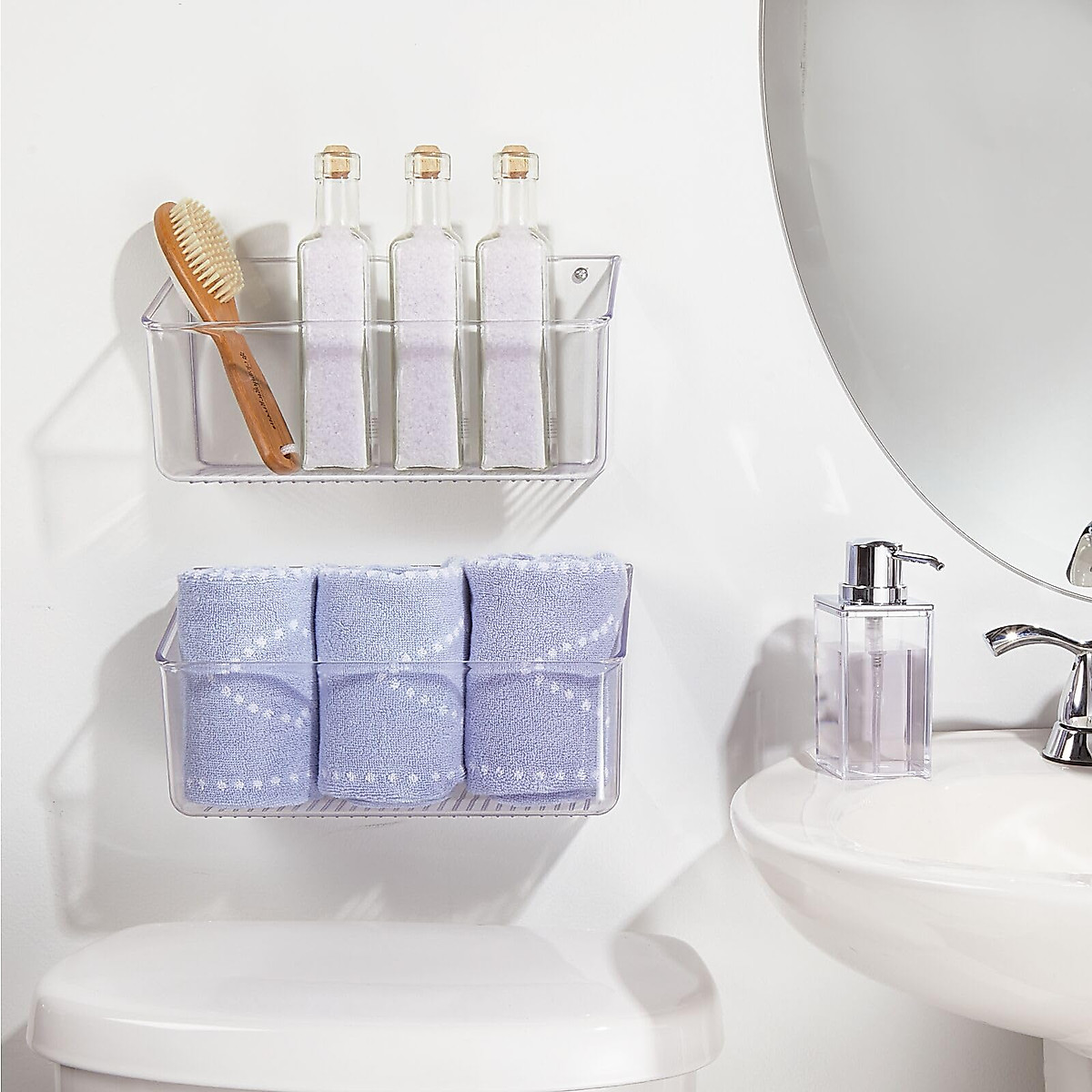 mDesign Plastic Wall Mount Organizer - 12" Wide Hanging Caddy for Home Storage - Angled Mountable Container Bin for Dorm, Bathroom, and Office - Phone Holder Basket - Ligne Collection - 2 Pack -Clear