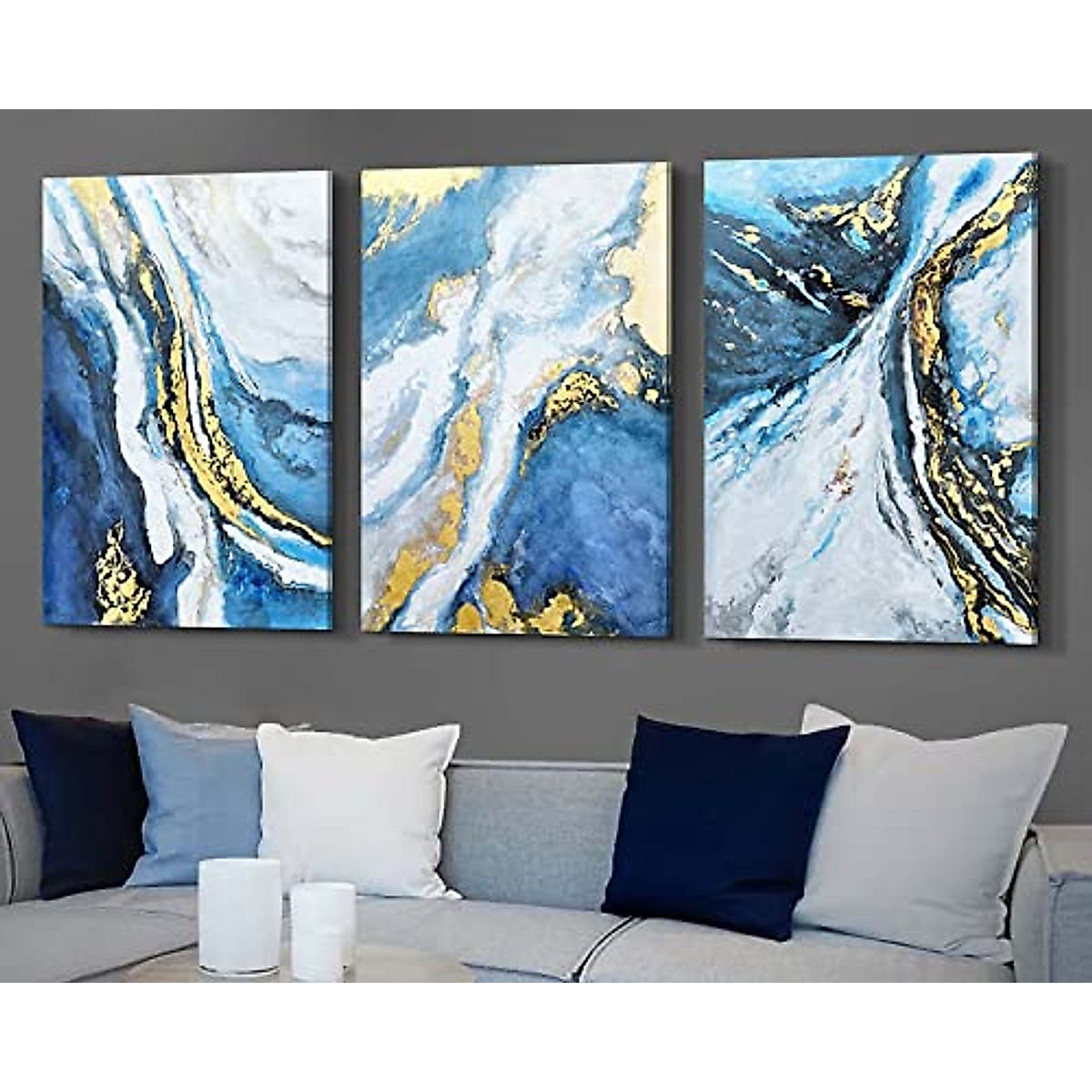 Wall Art Bedroom Gold Wall Decor Abstract Pictures for Living Room Wall Decoration Blue Paintings Large Canvas Art Framed-16''x24''x3 Artwork Decor for Office Bathroom