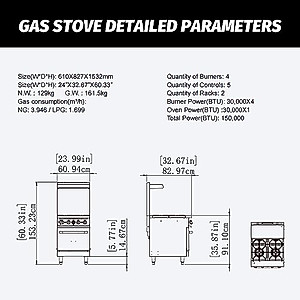 Hakka 24" Gas Range Stove with 4 Powerful Burners, 30,000X4 output for Commercial Kitchens
