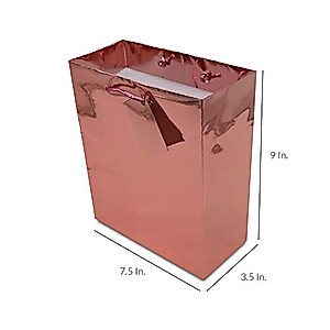 Rose Gold Gift Bags - 12 Pack Medium Rose Gold Foil Gift Bags with Handles, Designer Paper Gift Wrap Bags for Birthdays, Party Favors, Baby Shower, Bachelorette, Weddings, Holiday Gifts, Bulk – 7.5x3.5x9