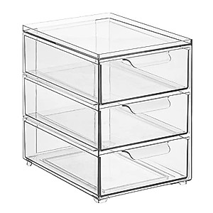 mDesign Plastic Stackable Organizer with 3 Drawers - Pull-Out Drawer Storage Bin for Bathroom Sink/Cabinet Organization - Perfect for Makeup, Small Towels, and More - Lumiere Collection, Clear