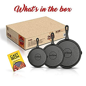 NutriChef Pre-Seasoned Cast Iron Skillet 3 Pieces Kitchen Frying Pan Nonstick Cookware Set w/Drip Spout-Silicone Handles, Scraper-Electric Stovetop, Induction, Gas Range, Ceramic, NCCI76, Black