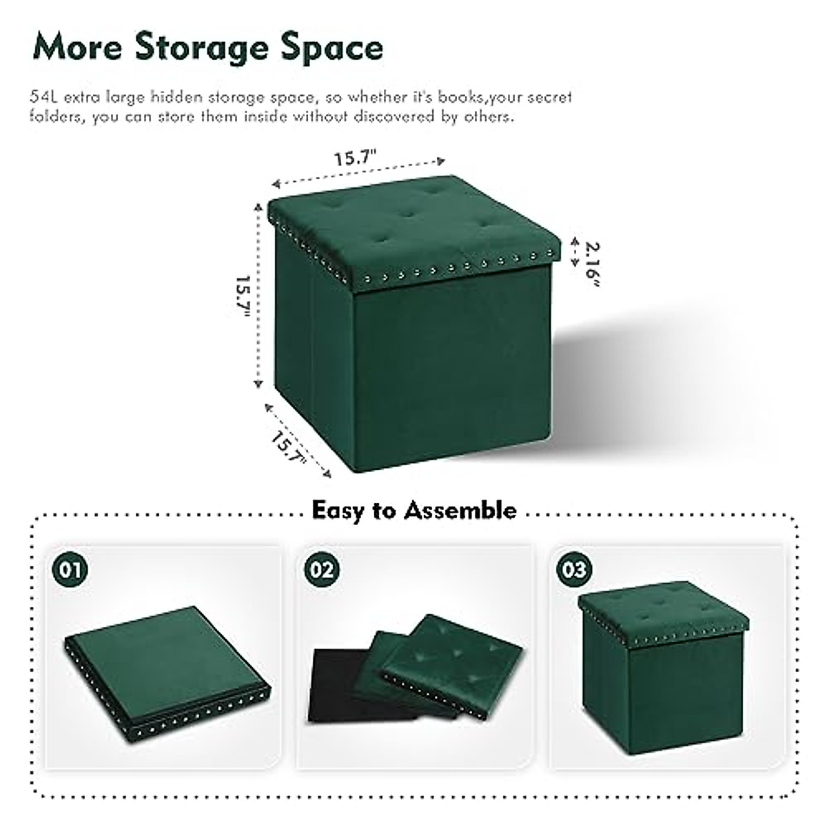 B FSOBEIIALEO Storage Ottoman Cube, Folding Tufted Ottomans with Storage,Coffee Table Top Cover, Toy Chest Storage Boxes Footrest Stool for Bedroom, Luxury Velvet Fabric 15.7 Inches Green