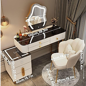 SKEPPYVanity Desk Set - Makeup Vanity with Wireless Charging Station and Bluetooth Speaker, Dressing Table with Mirror and Lights, Vanity Desk with Storage Cabinet and Chair for Bedroom,White 100cm