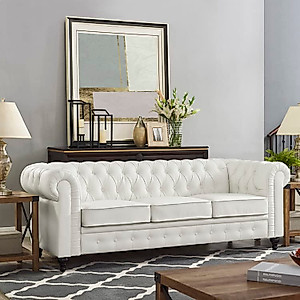 Naomi Home Emery Chesterfield Sofa with Rolled Arms, Tufted Cushions / 3 Seater Sectional Sofa Couch for Small Spaces, Living Room, Bedroom, Apartment Easy Tool-Free Assembly - White, Air Leather
