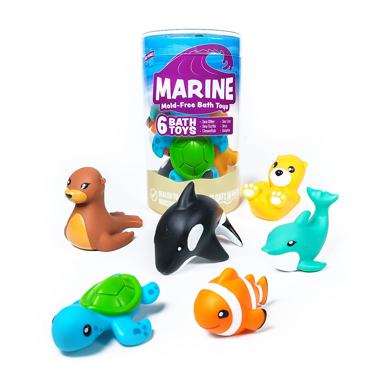 Tub Works® Marine™ Mold Free Bath Toys, 6 Pack | Sealed, No Hole Bath Toys Design Keeps Moisture Out | Soft, Squeezable & Float on Water | Easy-Grip Baby & Toddler Bath Toy Set | Great Baby Pool Toys