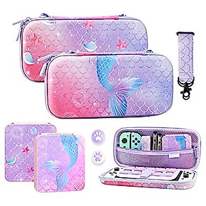 RHOTALL Carrying Case for Nintendo Switch & Switch OLED Cover, Hard Portable Travel Case for Switch Game Accessories with Purple Game Case and 2 Thumb Caps - Fish Tail