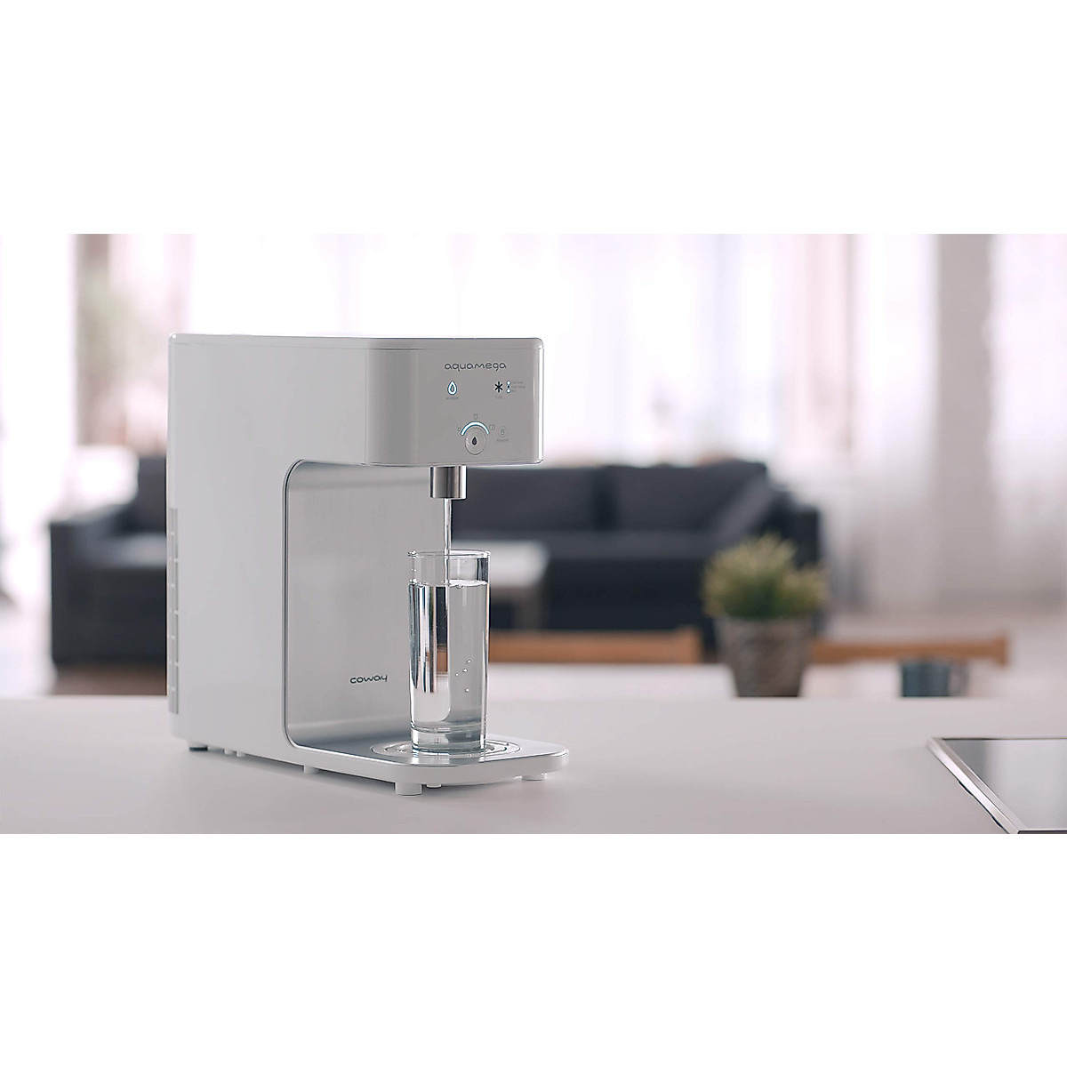 Coway Aquamega 200C Countertop Water Purifier with a cold-water setting, a new advanced filter, and Coway Io-Care app connectivity
