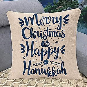 YGGQF Throw Pillow Covers Festival Hand Written Lettering with Text Happy Hanukkah and Merry Christmas Hanuka Pillow Case 18x18 Inch Square Cushion Cover Pillowcase
