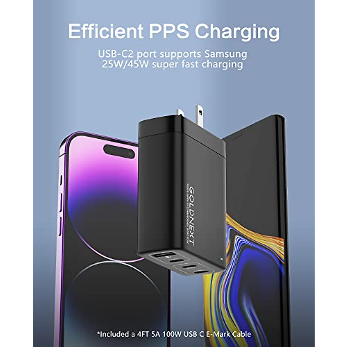 100W USB C Wall Charger,GaN III 4-Port PPS PD Fast Charging Station,GOLDNEXT Foldable Power Block with Type C Cable Compatible with MacBook Pro/Air,XPS,iPad Pro,iPhone14/13 Max,Galaxy S22/S21,Pixel 7