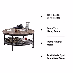 GreenForest Coffee Table Round Small Industrial 2-Tier Coffee Table with Storage for Living Room, Dark Walnut