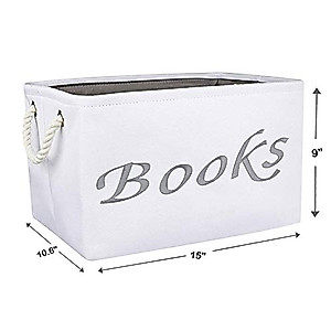 Embroidered Tote Bin - Storage Basket for Nursery - Large Storage Box - Organizing Bedroom, Closet, Classroom (White Book Basket)