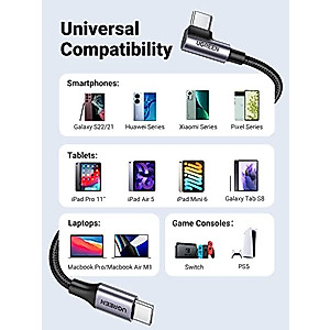 UGREEN 60W USB C to USB C Cable Right Angle USB C Fast Charging Cable Compatible with MacBook Pro/Air, iPad Pro/Mini/Air, Samsung Galaxy S23/S22/Z Fold/Z Flip, Google Pixel, Switch, etc. 6.6FT