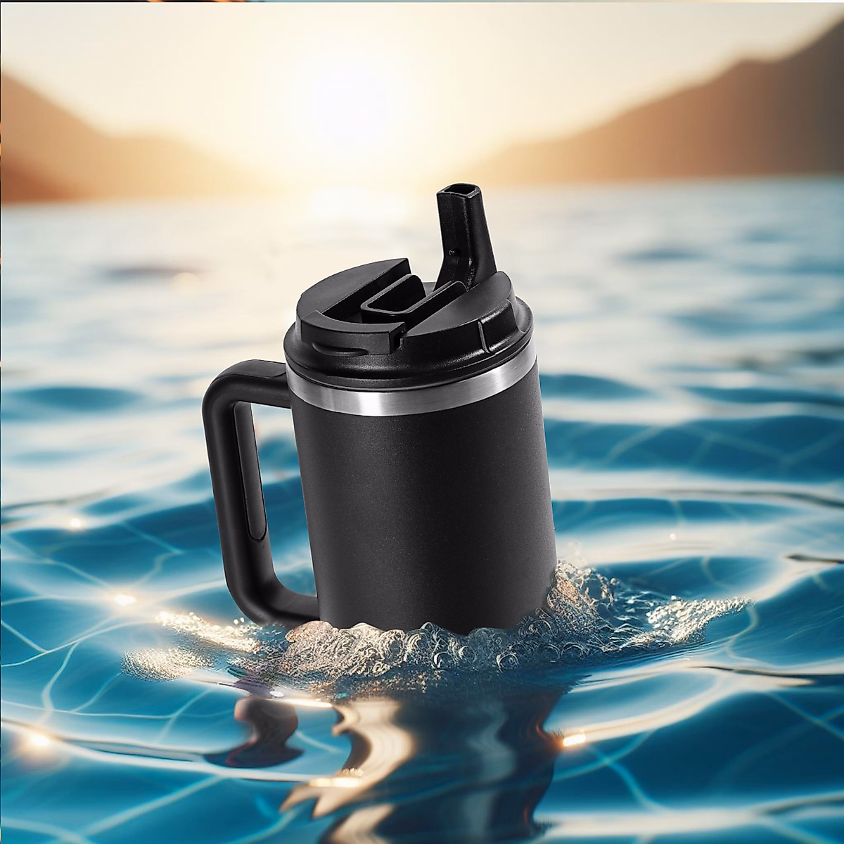 Klickpick Home 40 Ounce Stainless Steel Vaccum Insulated Thermal Tumbler With Handle Lid 2 straws, Reusable Travel Coffee Mug Cup Cupholder friendly, Keeps cold for 30 H, 100% Leakproof, Black