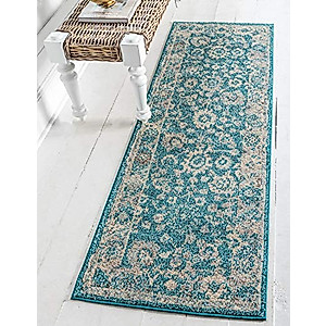 Unique Loom Penrose Collection Distressed Traditional Vintage Floral Area Rug, 2 ft 2 in x 6 ft, Turquoise/Beige