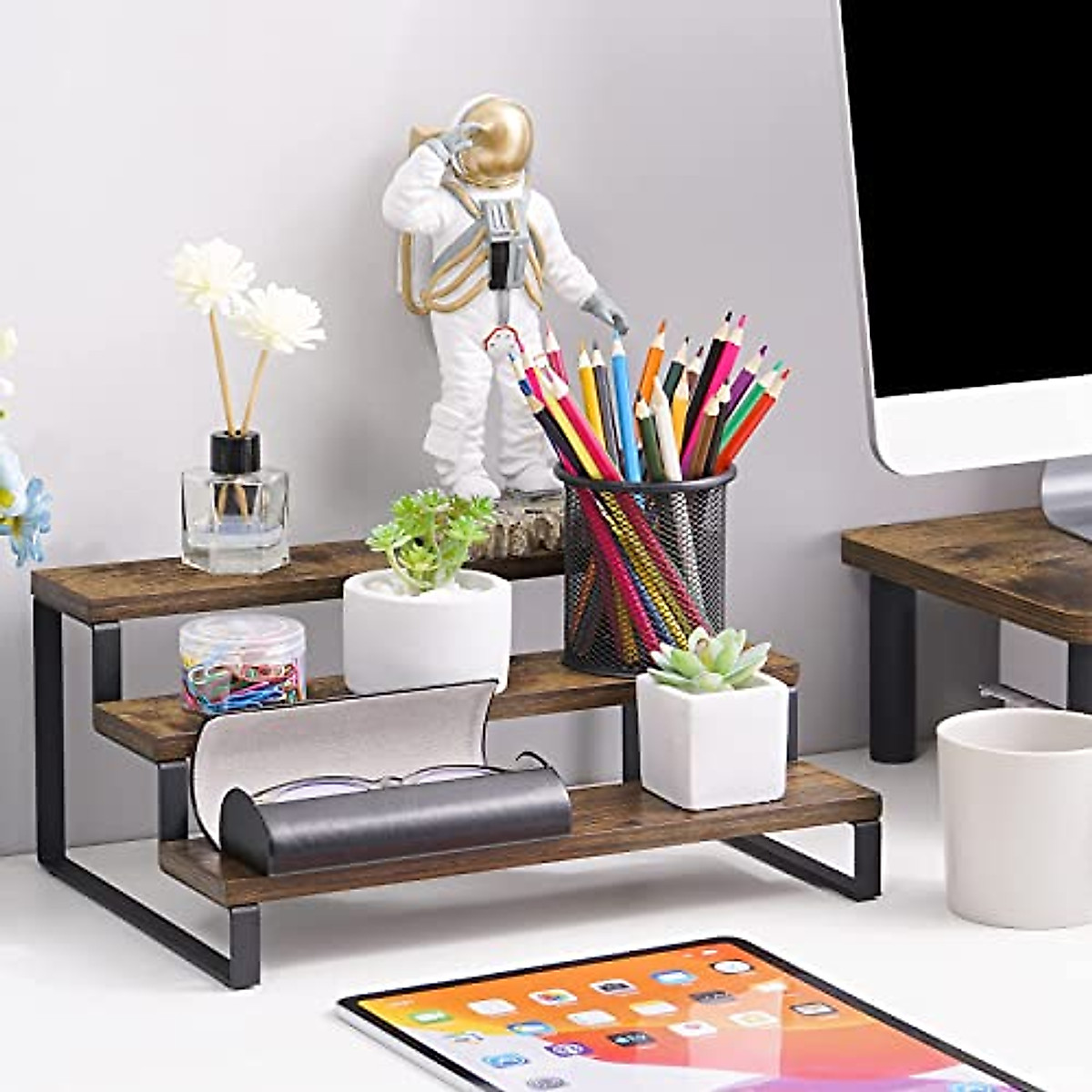 Giikin 3-Tier Spice Rack, 13.7 Inch Wood Step Shelf Countertop Spice Storage Holder, Kitchen Pantry Cabinet Organizer Cupboard for Spice Bottles, Jars, Seasonings, Baking Supplies, Metal Frame