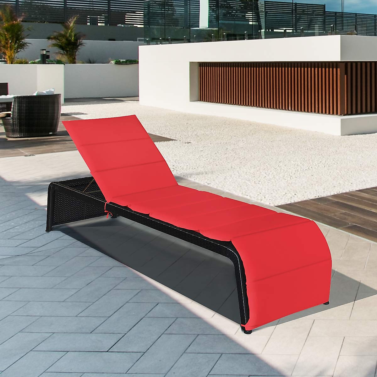 COSTWAY Patio Rattan Lounge Chair Chaise Recliner Back Adjustable Cushioned Garden Red