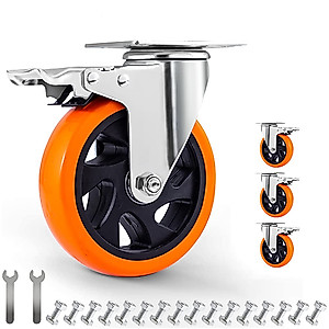 5" Swivel Plate Casters Wheels with Screw Safety Dual Locking and Polyurethane Foam No Noise Wheels,Heavy Duty-550 Lbs Per Caster