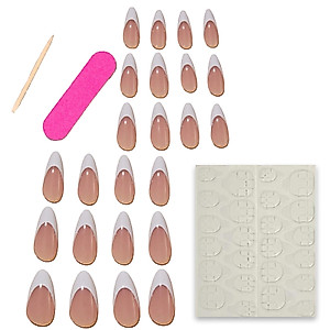 24Pcs French Tip Press On Nails, Medium Almond Tips Acrylic Full Cover White Glossy Nude Reusable Glue On Nails for Women Girls
