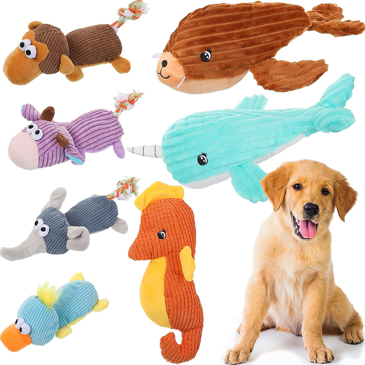 Junkin 7 Pack Dog Toys Squeaky Dog Toys Indestructible Puppy Chew Toys for Teething Stuffed Animal Plush Dog Toy Assortment Stuffed Dog Toys for Small Medium Pup Dog, Assorted Animal Styles