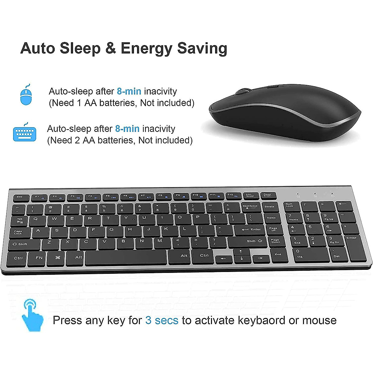Wireless Keyboard and Mouse,J JOYACCESS 2.4G Ergonomic and Slim Wireless Computer Keyboard Mouse Designed for Windows, PC, Laptop,Tablet - Black Grey