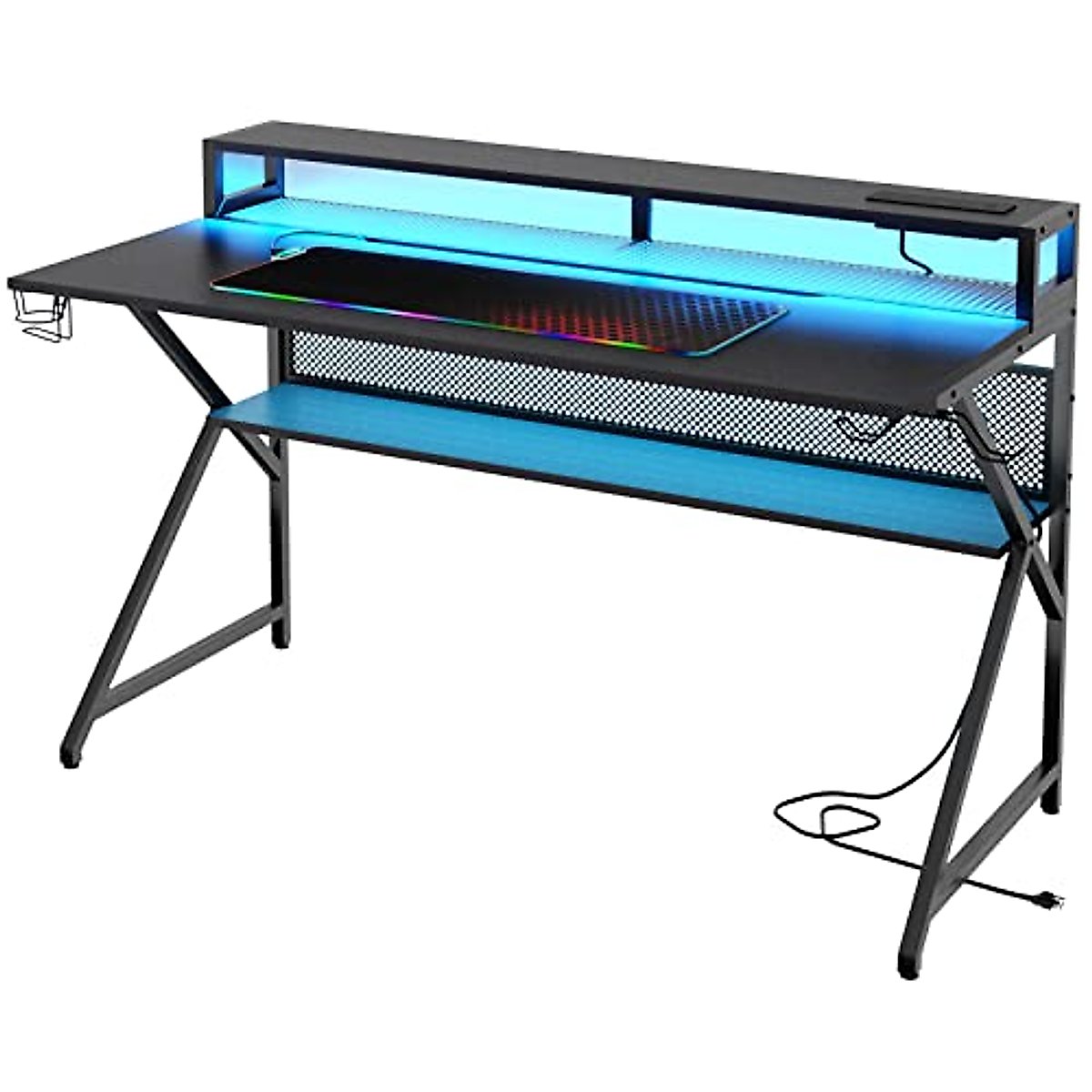Loomie Computer Desk 55" W with LED Strip and Power Outlets, Gaming Desk with RGB Big Mouse Mat,Ergonomic K Shaped Gamer Desk with Monitor Stand and with Cable Management Mesh Bag,Black