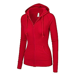 TL Women's Solid Warm Thin Thermal Knitted Casual Zip-Up Hoodie Jacket RED,Medium