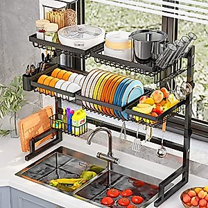 Over Sink Dish Drying Rack (Expandable Height/Length) Snap-On Design Large Dish Drainer Stainless Steel Storage Counter Organizer (31-39.5L x 12W x 34-38H inches)