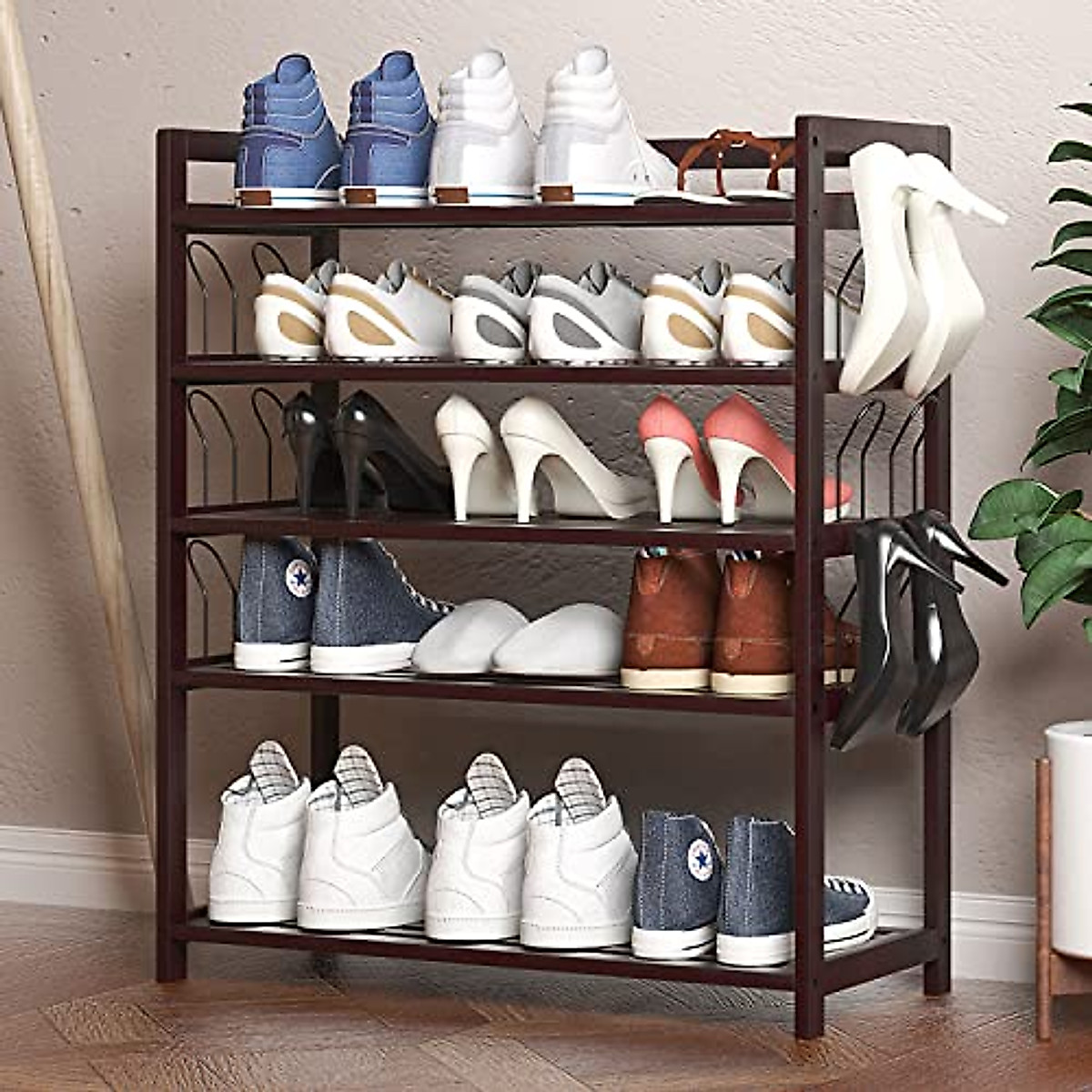 Bamboo Shoe Rack,Sundries Rack Kitchen Shelf 5 Tier Wooden Shoe Shelf Storage Organizer with Additional Hangers,Perfect for Entryway,Hallway, Bathroom Closet or Living Room (Brown)