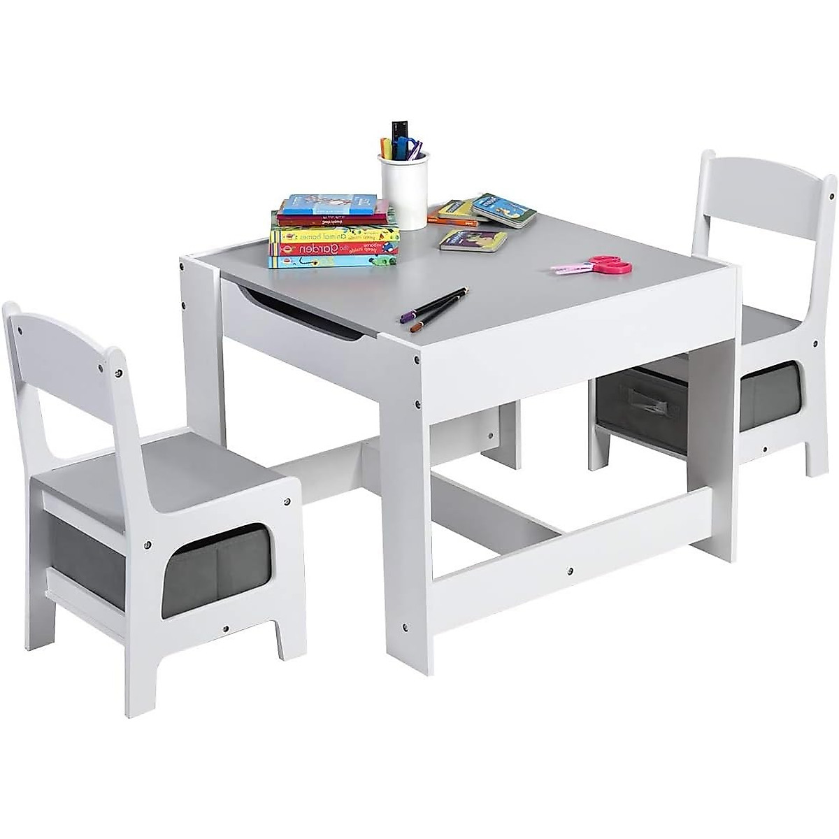 Fireflowery, 3-in-1 Wooden Activity w/Storage Drawer & Detachable Blackboard, 3-Piece Square Children Art Desk, Toddler Table&Chairs Kids Table and Chair Set, Large, Grey