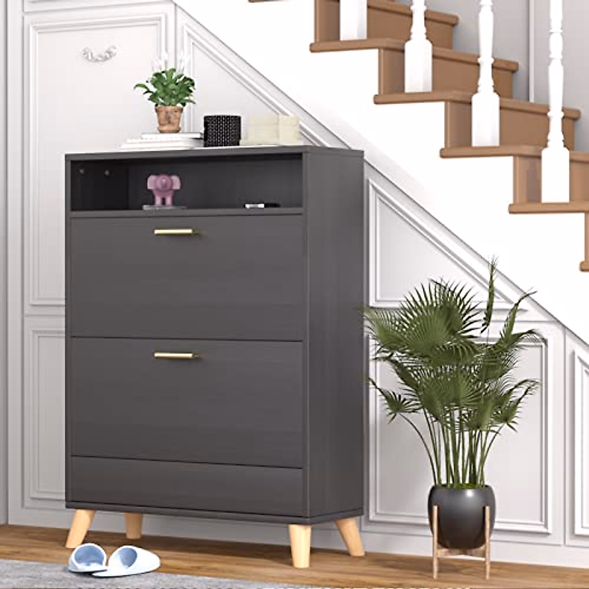 Gyfimoie Shoe Storage Cabinets, Free Standing Shoe Organizer with 2 Flip Drawers for Entryway, Narrow 3 Tier Entryway Hidden Shoe Rack with Doors (Grey)