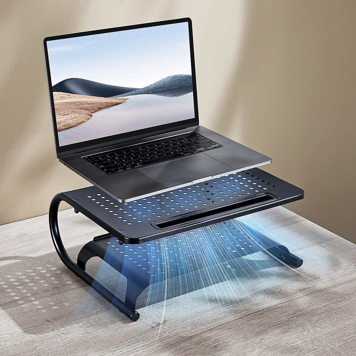 LORYERGO Monitor Stand, Monitor Riser, Computer Stand with Media Solt, Laptop Riser with Vents, 2 Tier Monitor Stand Riser with Storage for Printer/PC, Desktop Stand Organizer - Office & Home