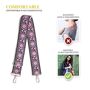 Pink Cotton Handbag Strap & Purse Strap Replacement - Jacquard Woven Embroidered Guitar Strap Styled Shoulder & Crossbody Strap - Adjustable Bag Strap For Tote And Messenger Bags – Silver Hardware