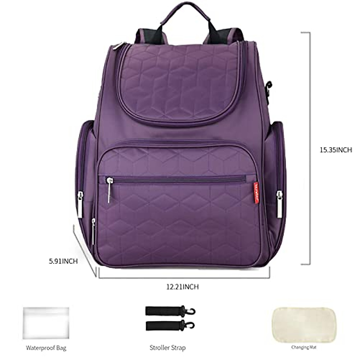 insular Diaper Bag Backpack, Multi-Function Travel Back Pack, Waterproof Changing Bag for Mom Girls, Large Capacity Baby Bag with Stroller Straps and Changing Pad, Purple