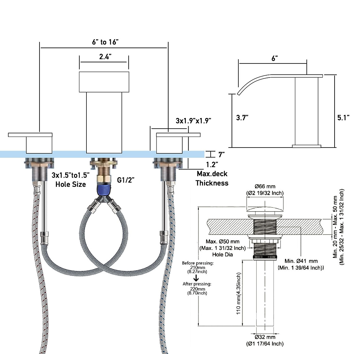 AVSIILE Waterfall Bathroom Faucet 3 Hole, Matte Black 8 Inch Widespread Bathroom Faucets & Parts, Modern 3 Piece Bathroom Sink Faucet, Touch On Lavatory Faucet for Bathroom Vanity Sink, Curved Spout