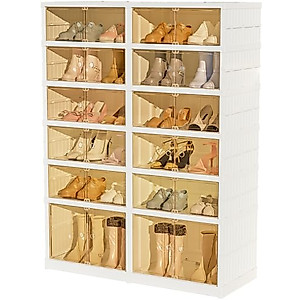 YIFOR 6-Tier Portable Shoe Rack Organizer for Closet, 24 Pairs Shoe Container Bins, Clear Plastic Collapsible Shoes Storage Box, Stackable Sneaker Storage Shoe Cabinet with Door