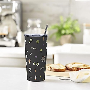 20oz Tumbler Halloween Skull Bat Cat Double Wall Vacuum Insulated Coffee Mug with Lid and Metal Straw Brush Reusable Stainless Steel Water Bottle Travel Cup Gifts for Car Ice Drinks Hot Beverage