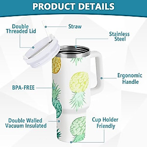 RPLIFE Fresh Pineapple Mix White 40 Oz Tumbler with Handle, Stainless Steel Cup, Insulated Coffee Mug with Lid