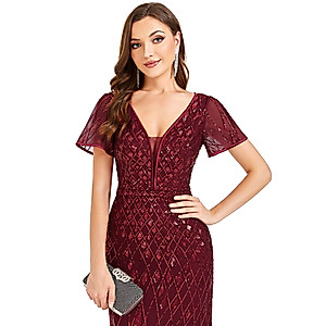 Ever-Pretty Women's Deep V-Neck Short Sleeves Open Back Fishtail Sparkle Formal Dresses Burgundy US6