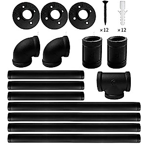 STARKOO Clothes Rack, 72in Industrial Pipe Wall Mounted Clothing Rack, Closet Garment Rack for Hanging Clothes, Heavy Duty Black Steel Iron Hanging Rod Bar for Laundry Room 3 Base